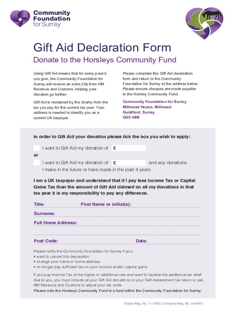 Fillable Online Charity Gift Aid Declarationsingle donationHome ...