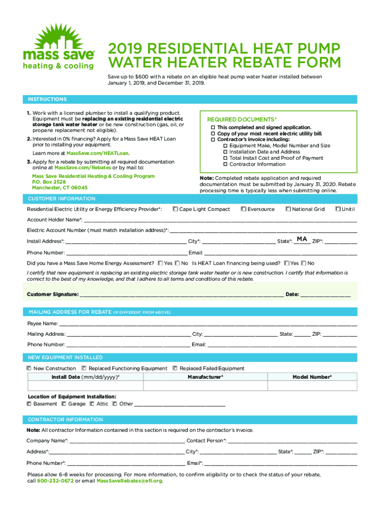 Fillable Online The Electric Heat Pump Water Heater Rebate Incentive ...