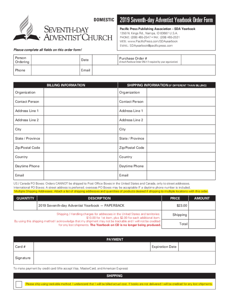 Fillable Online DOMESTIC 2019 Seventh-day Adventist Yearbook Order Form ...