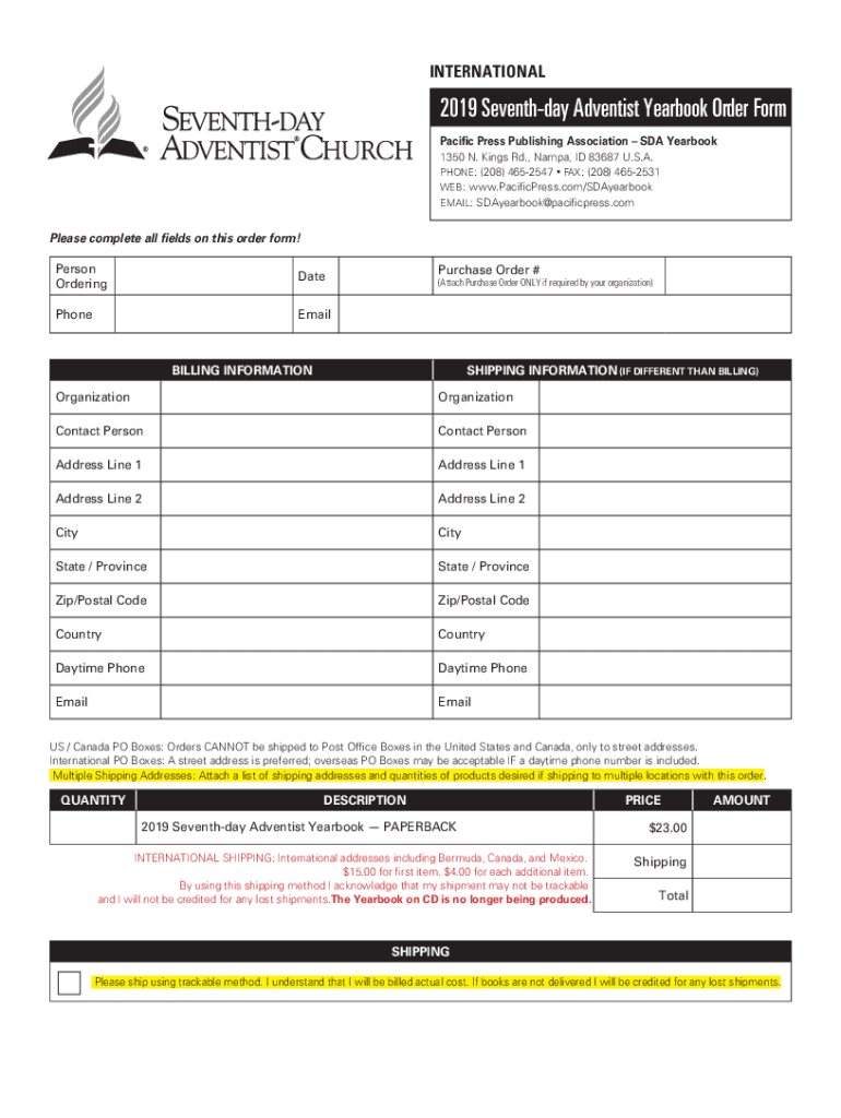 Fillable Online INTERNATIONAL 2019 Seventh-day Adventist Yearbook Order ...