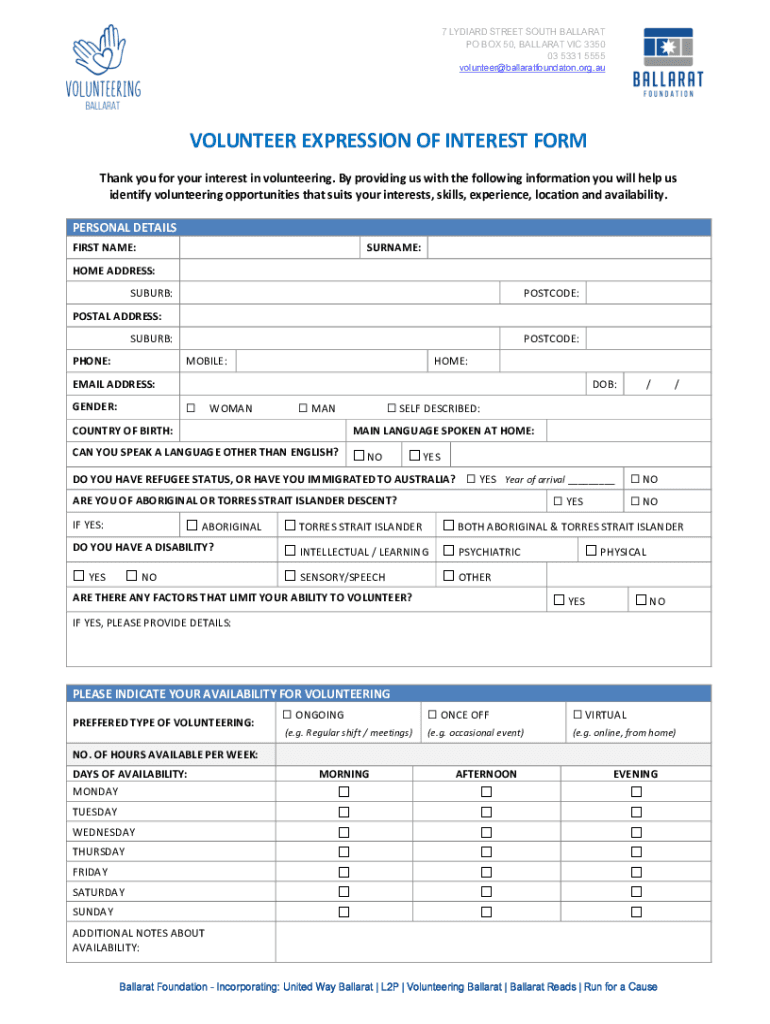 Fillable Online VOLUNTEER EXPRESSION OF INTEREST FORM - Ballarat ...