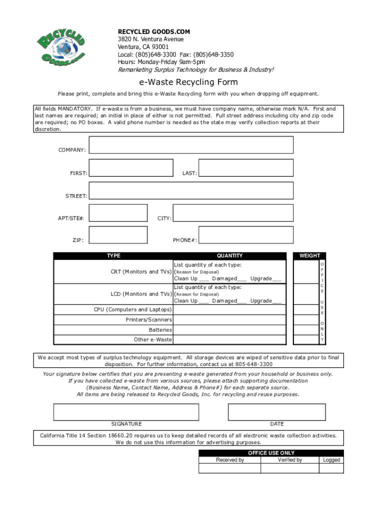 Fillable Online CEW Recycling Program Collection and Recycling Forms ...