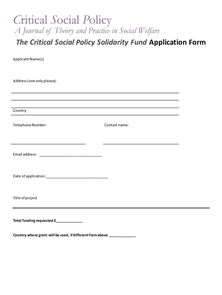 Fillable Online The Critical Social Policy Solidarity Fund Application Form Fax Email Print ...