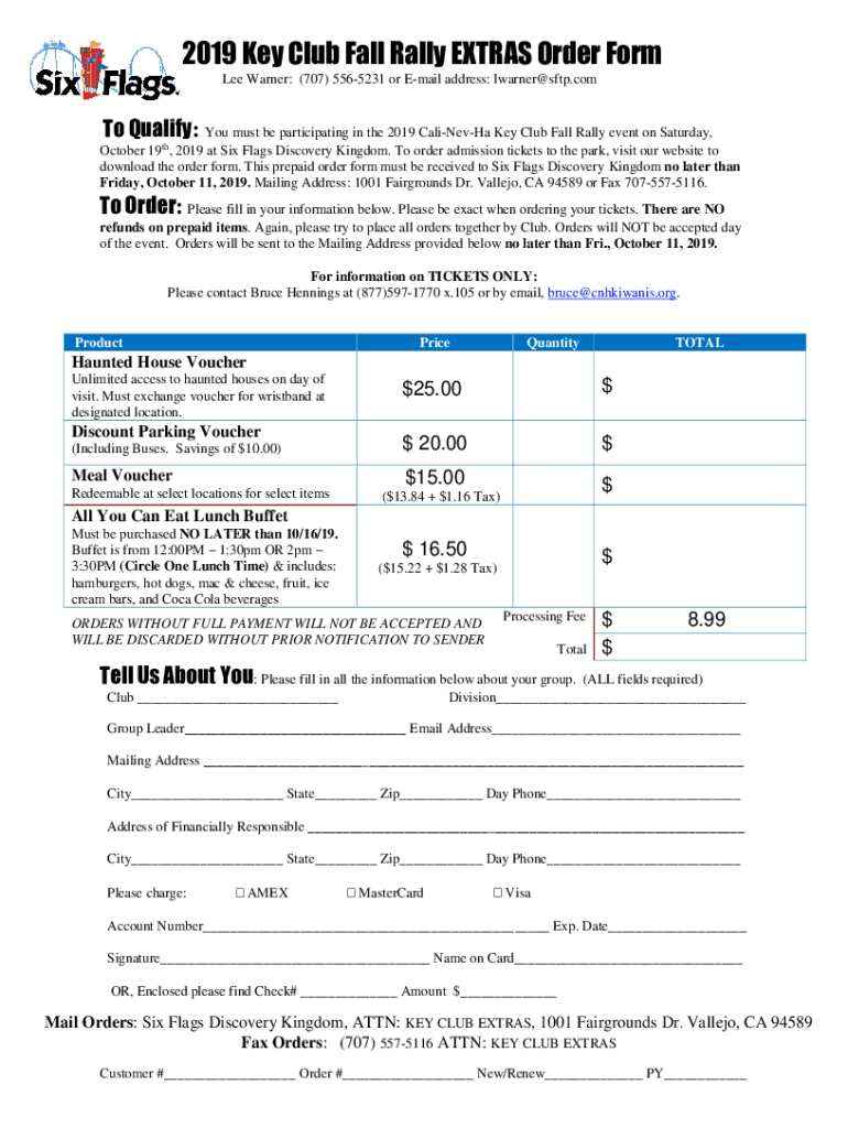 Fillable Online 2019 Key Club Fall Rally EXTRAS Order Form - Six Flags ...