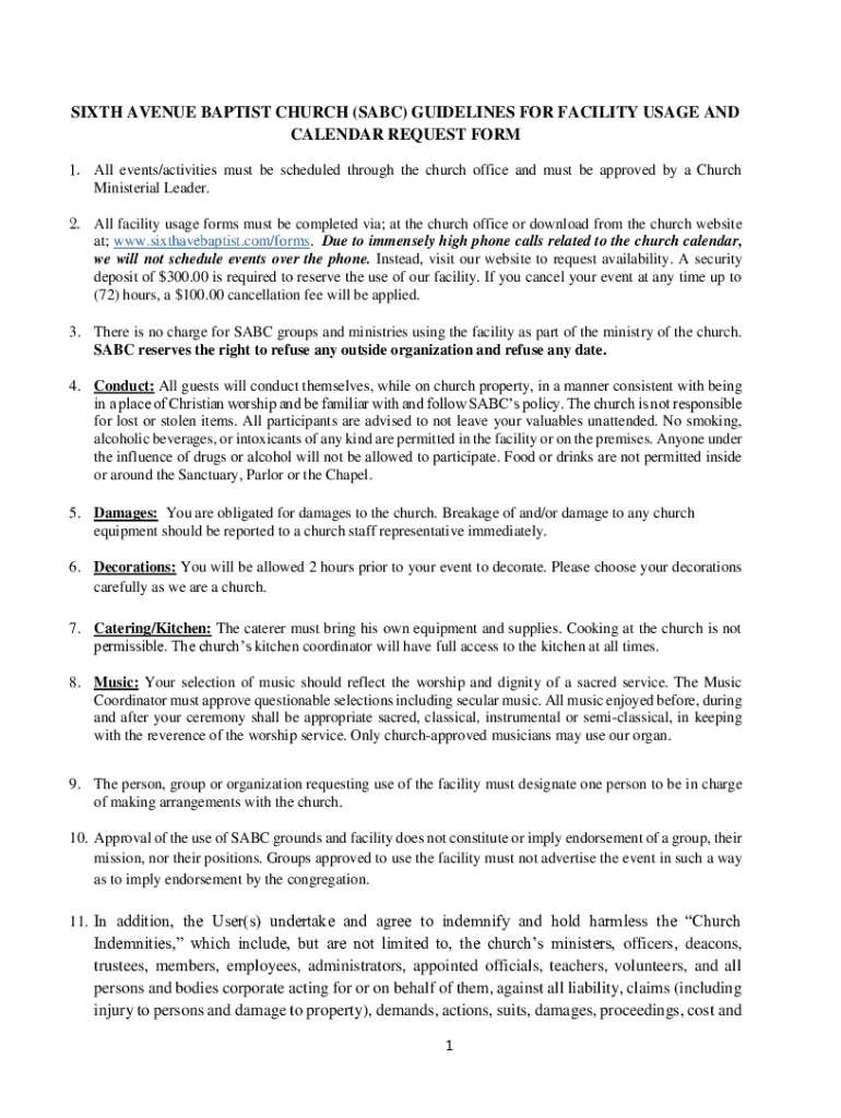 Fillable Online SIXTH AVENUE BAPTIST CHURCH (SABC) GUIDELINES FOR ...