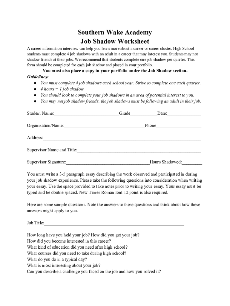 Fillable Online PDF Southern Wake Academy Job Shadow Worksheet Fax ...