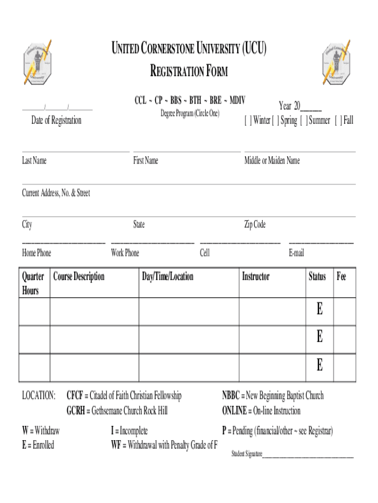 Fillable Online UNITED CORNERSTONE UNIVERSITY (UCU) REGISTRATION FORM ...