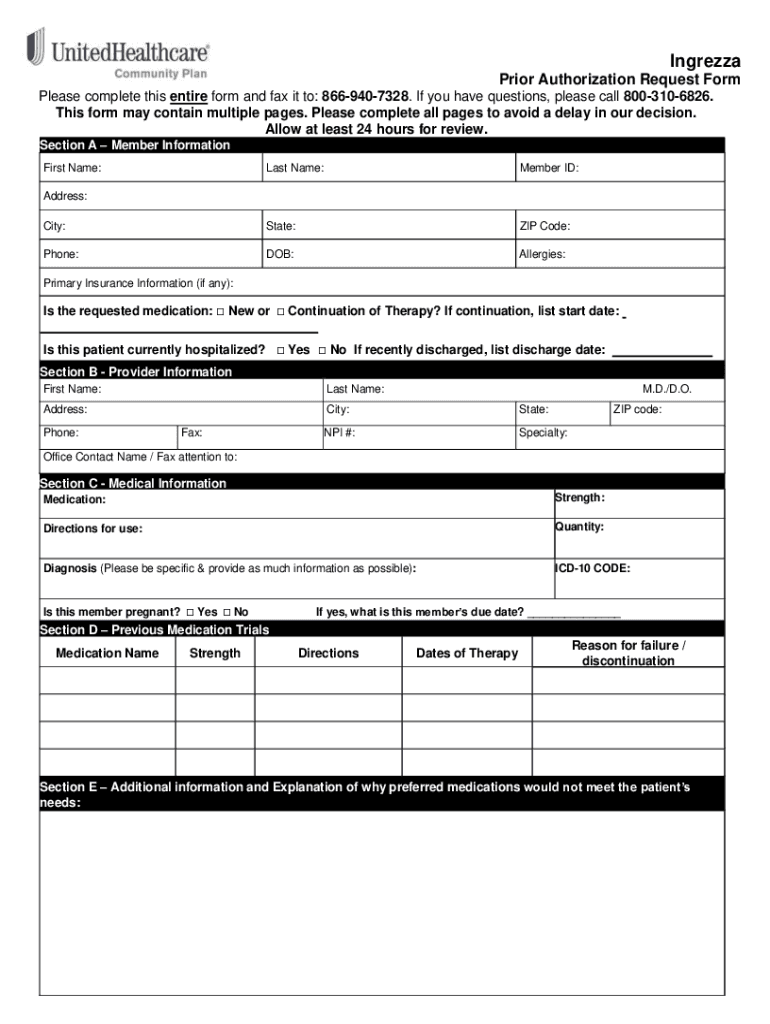 Fillable Online Ingrezza Prior Authorization Request Form entire form ...