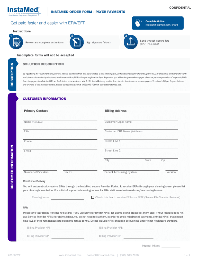 Fillable Online Fillable Online INSTAMED ORDER FORM - PAYER PAYMENTS ...