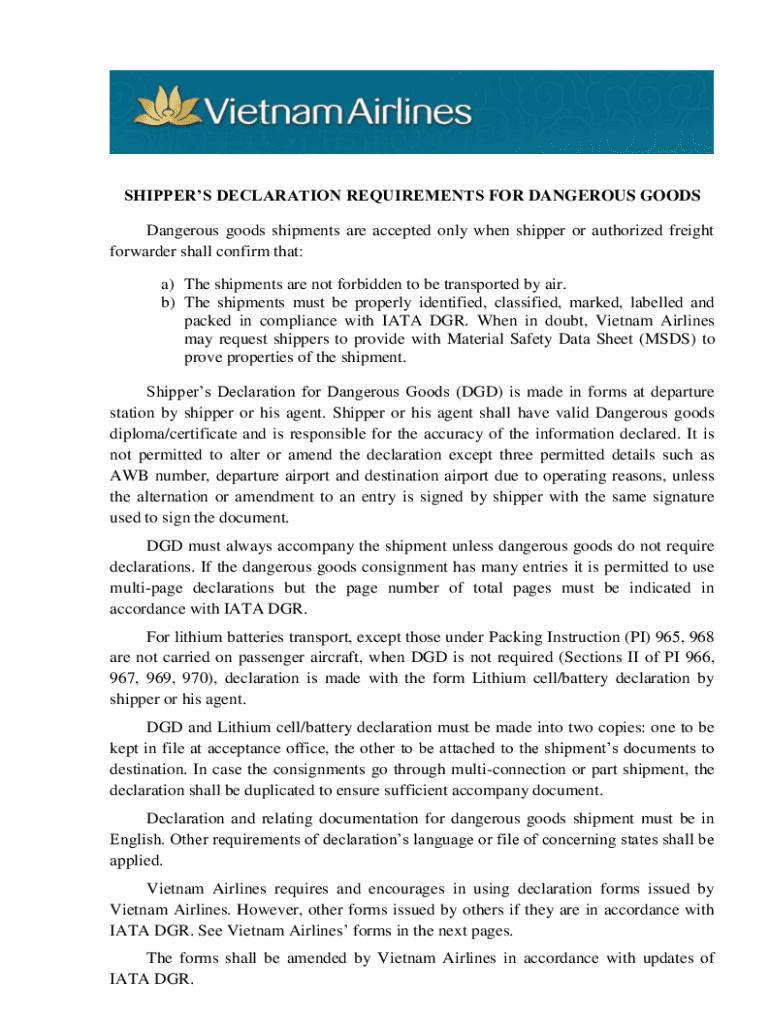 Fillable Online SHIPPERS DECLARATION REQUIREMENTS FOR DANGEROUS GOODS ...