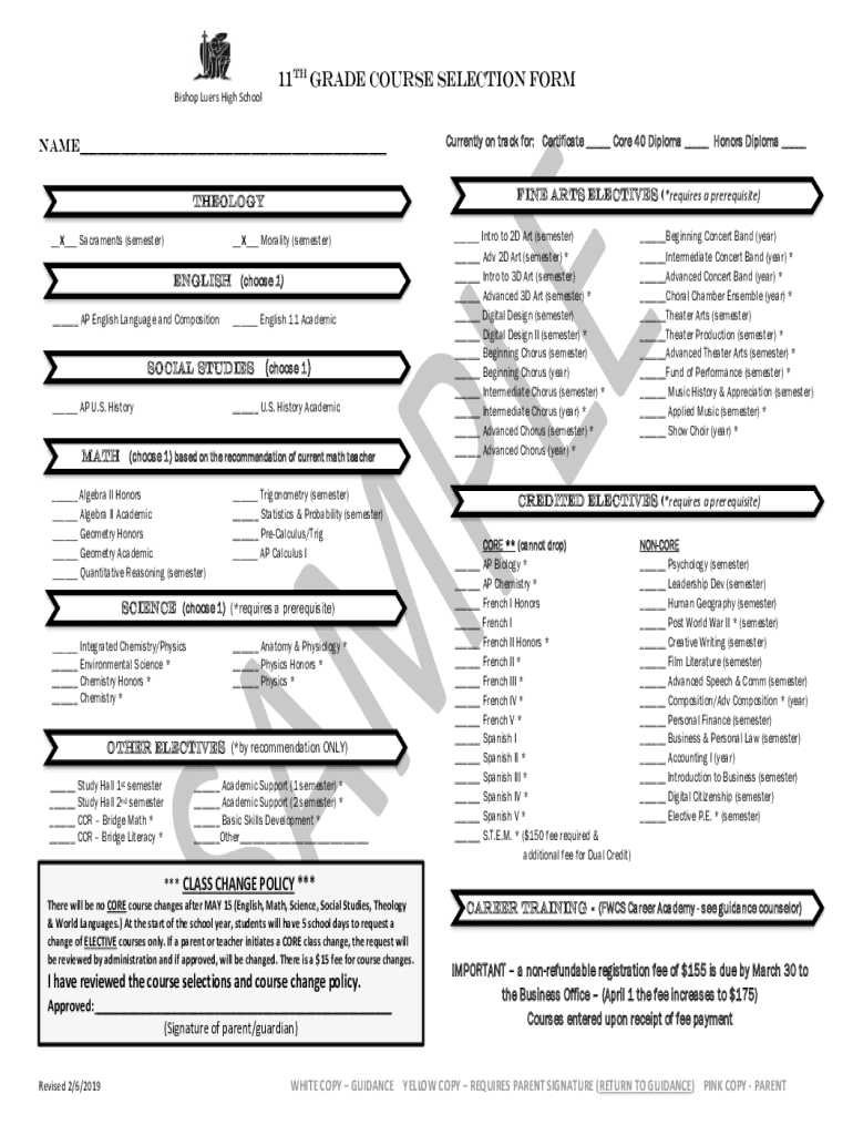 Fillable Online 11 GRADE COURSE SELECTION FORM Bishop Luers High School Fax Email Print - pdfFiller