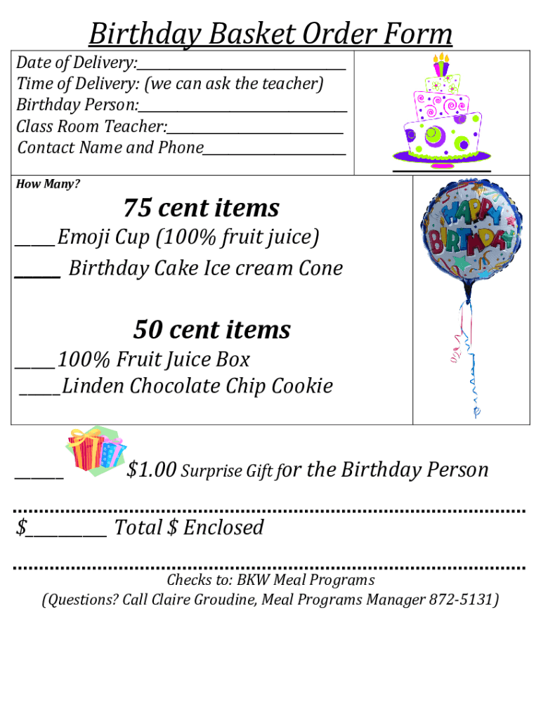 Fillable Online BKW Central School District Birthday Basket Order Form ...