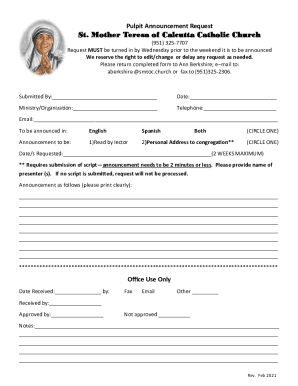 Fillable Online Pulpit Announcement Request Fax Email Print - pdfFiller