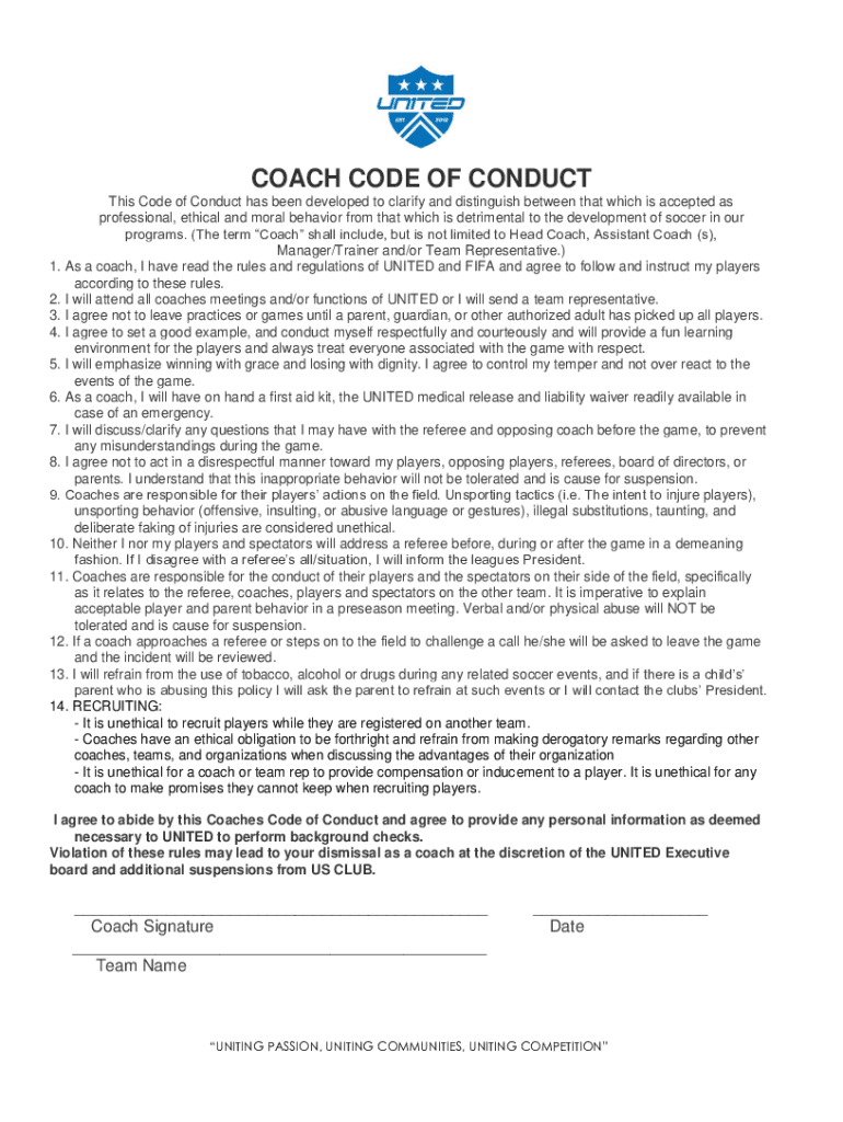 Fillable Online Coach Code of Conduct and Ethics - Iowa Soccer Fax ...