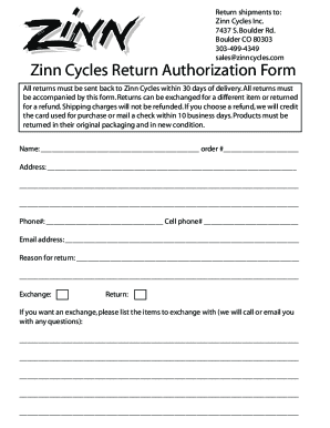 Fillable Online Zinn Cycles Return Authorization Form Fax Email Print ...