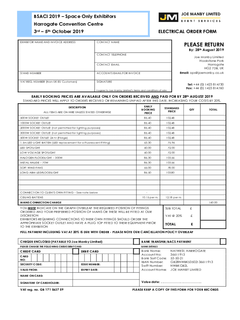 Fillable Online Electrical Order Form - Space Only Exhibitors Fax Email ...