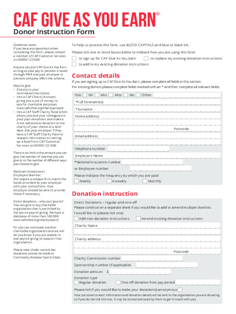 Fillable Online Donor Instruction Form - Charities Aid Foundation (CAF ...