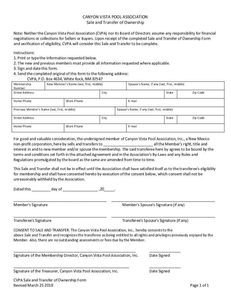 Fillable Online CANYON VISTA POOL ASSOCIATION Sale and Transfer of ...