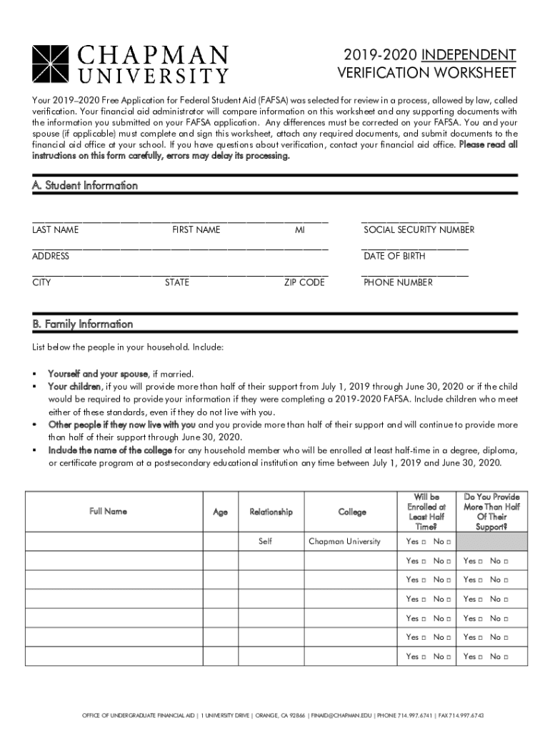 Fillable Online 20192020 Independent Student Verification Worksheet (V4) Fax Email Print - pdfFiller