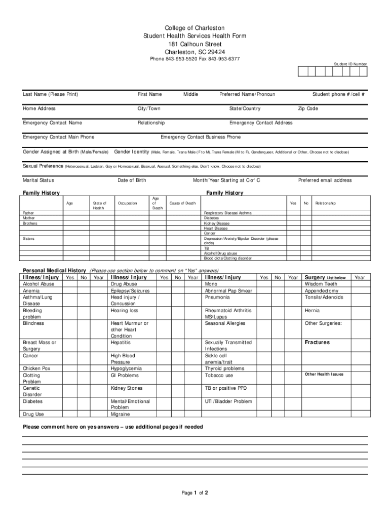 Fillable Online studenthealth cofc Health and Immunization Forms - College of Charleston Fax ...