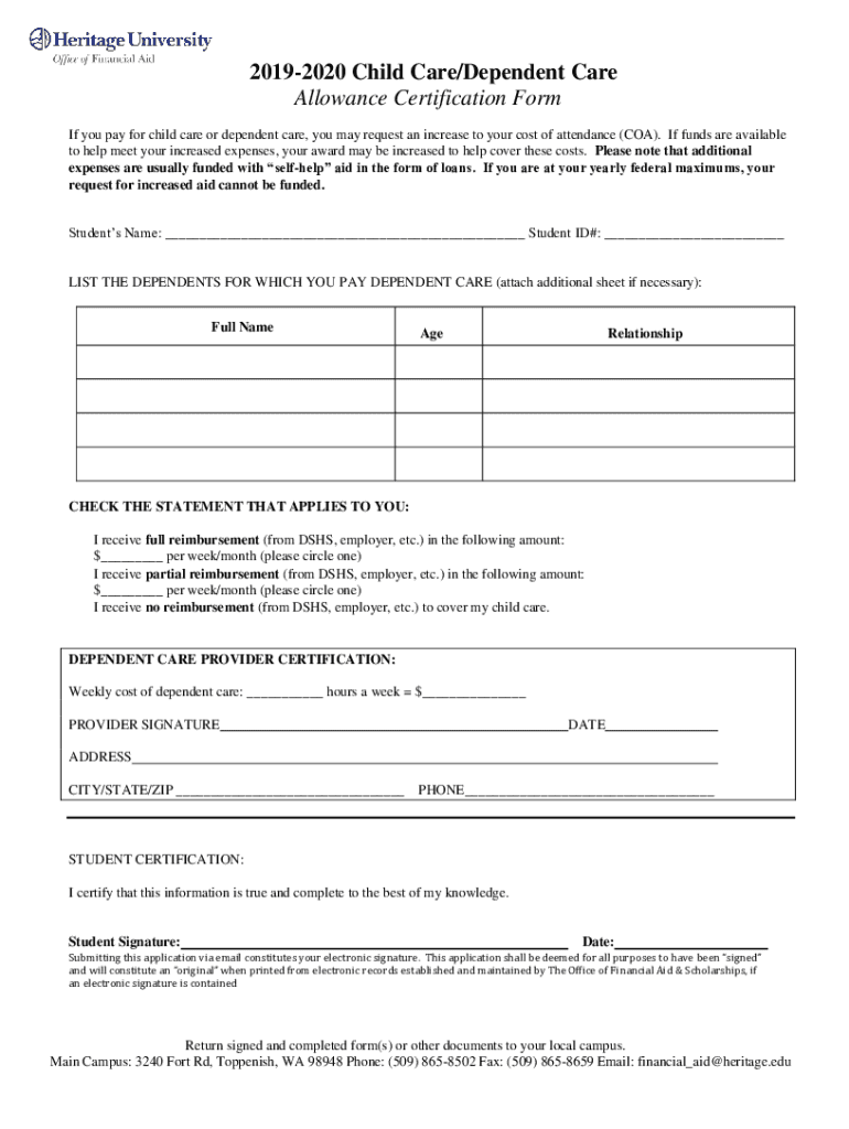 Fillable Online 20- 21 Child Care/Dependent Care Allowance ...