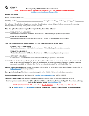Fillable Online Meal Plan Selection Form - LaGrange College Fax Email ...