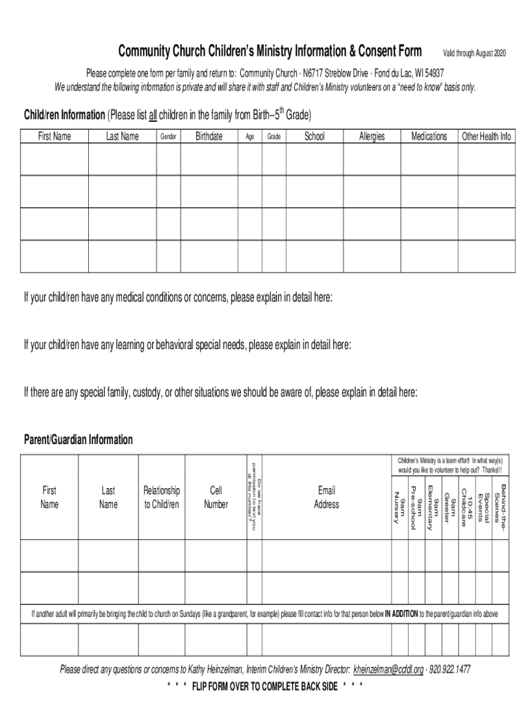 Fillable Online Community Church Childrens Ministry Information ...