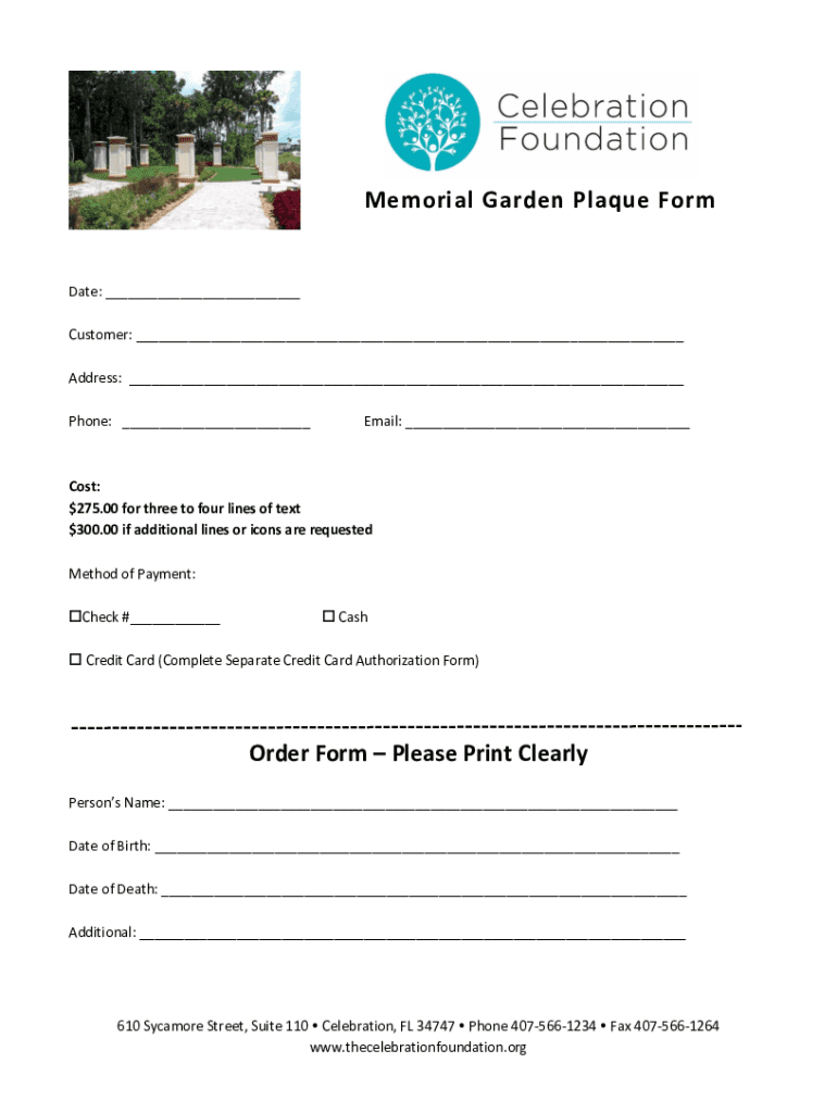 Fillable Online Memorial Garden Order Form Celebration Foundation Fax ...