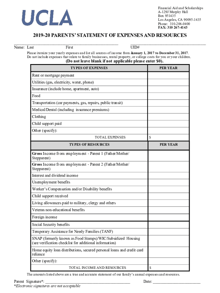 Fillable Online 2019-20 PARENTS STATEMENT OF EXPENSES AND RESOURCES Fax ...
