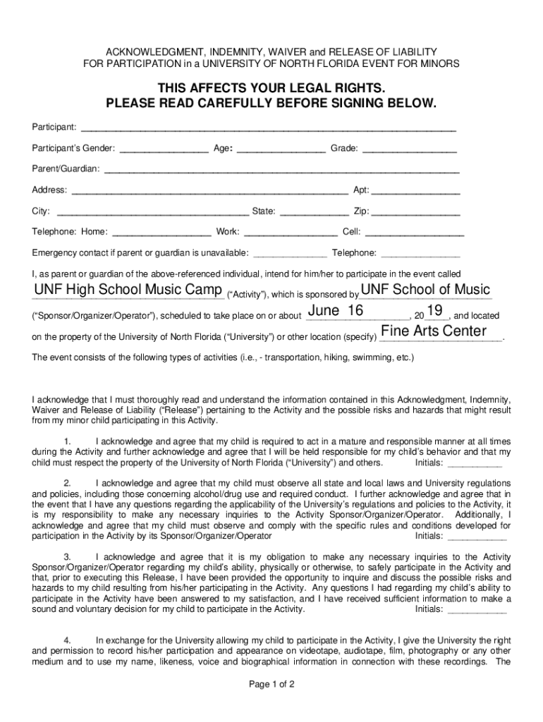 Fillable Online ACKNOWLEDGMENT, INDEMNITY, WAIVER and RELEASE OF LIABILITY ... Fax Email Print ...