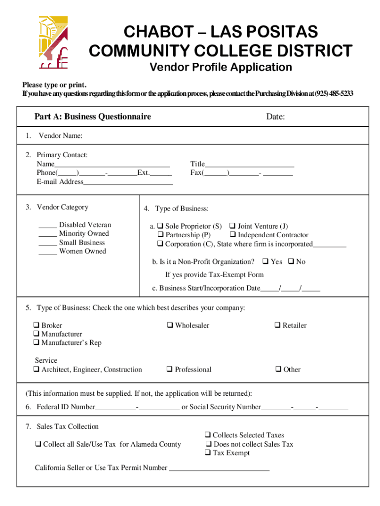 Fillable Online Vendor Profile Application - Chabot-Las Positas Community ... Fax Email Print ...