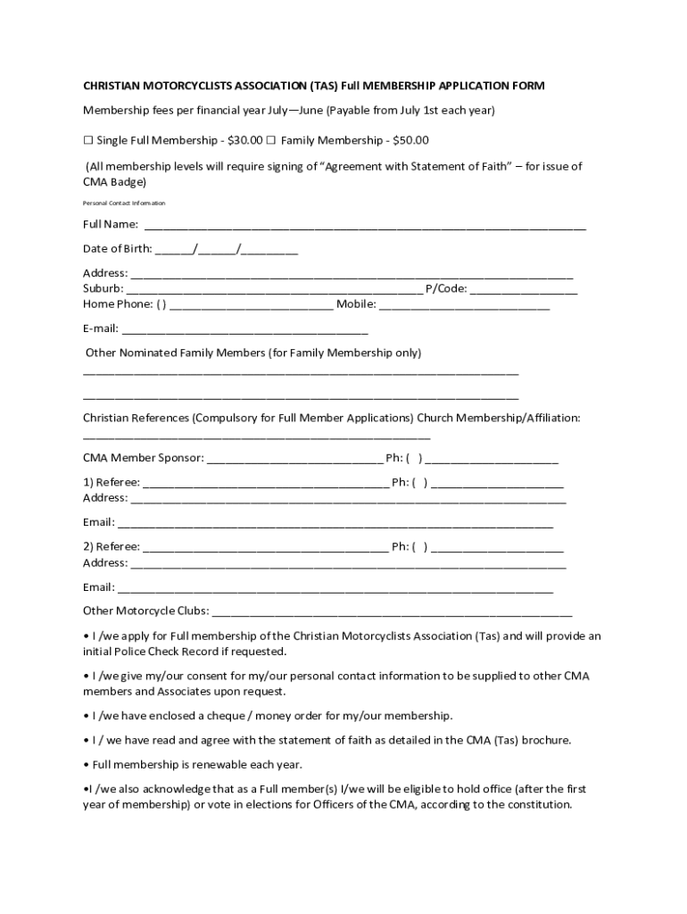 Fillable Online CHRISTIAN MOTORCYCLISTS ASSOCIATION (TAS) Full ...