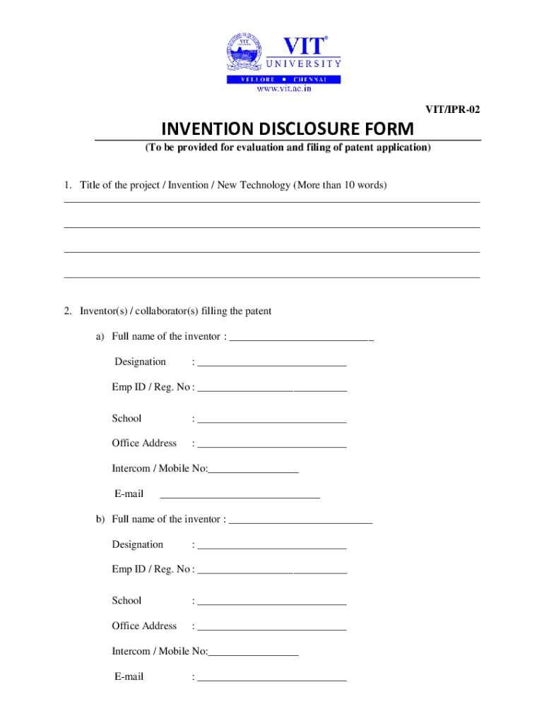 Fillable Online VIT/IPR-02 INVENTION DISCLOSURE FORM Fax Email Print ...