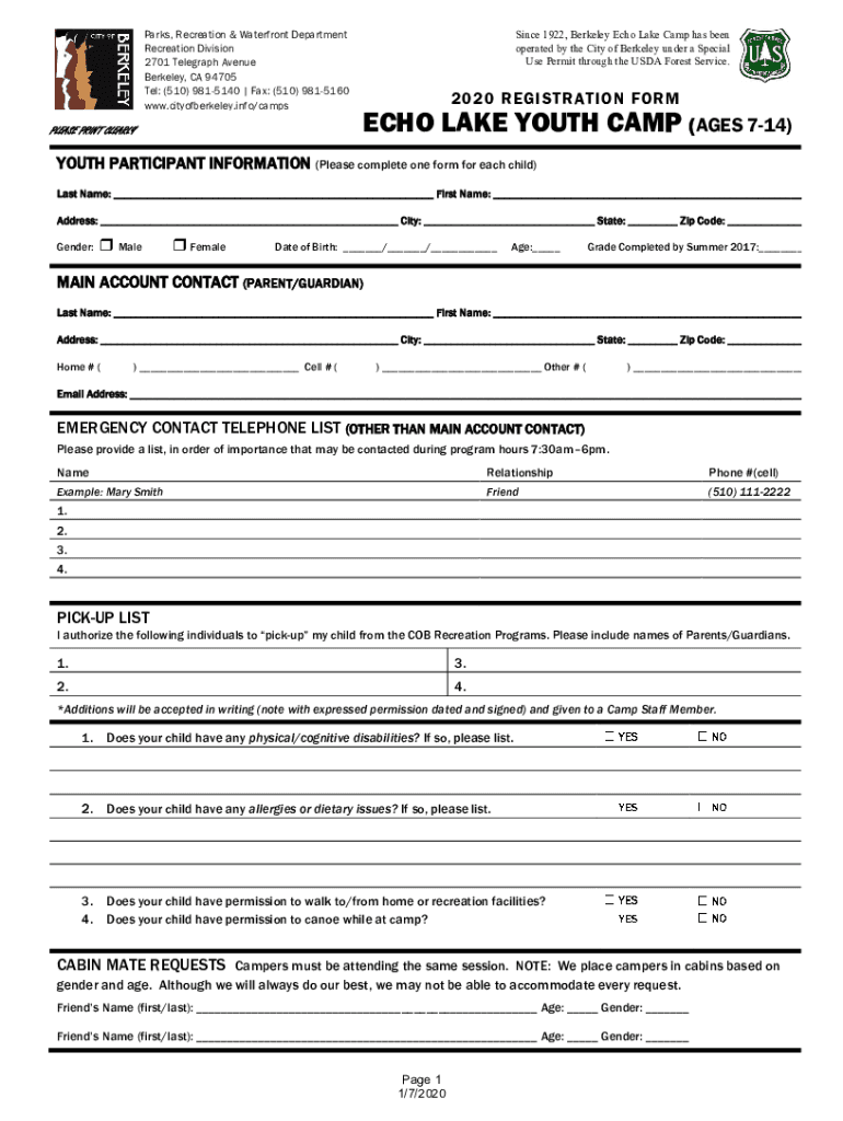 Fillable Online WELCOME TO ECHO LAKE YOUTH CAMP - Berkeley, California ...