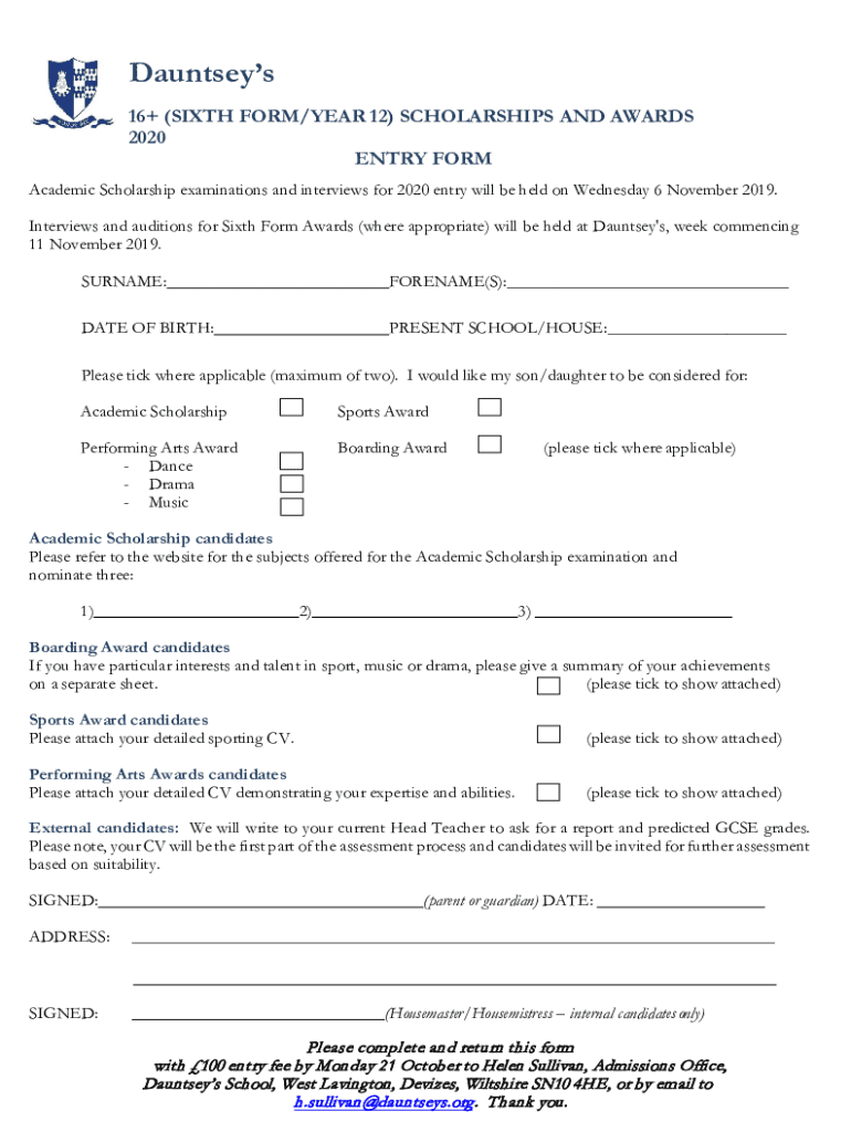 Fillable Online Sixth Form Scholarships - Dauntsey's - Dauntsey's ...