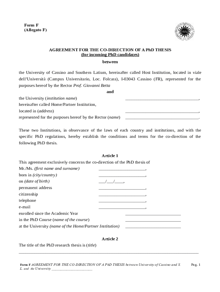 Fillable Online AGREEMENT FOR THE CO-DIRECTION OF A PhD THESIS (for ...