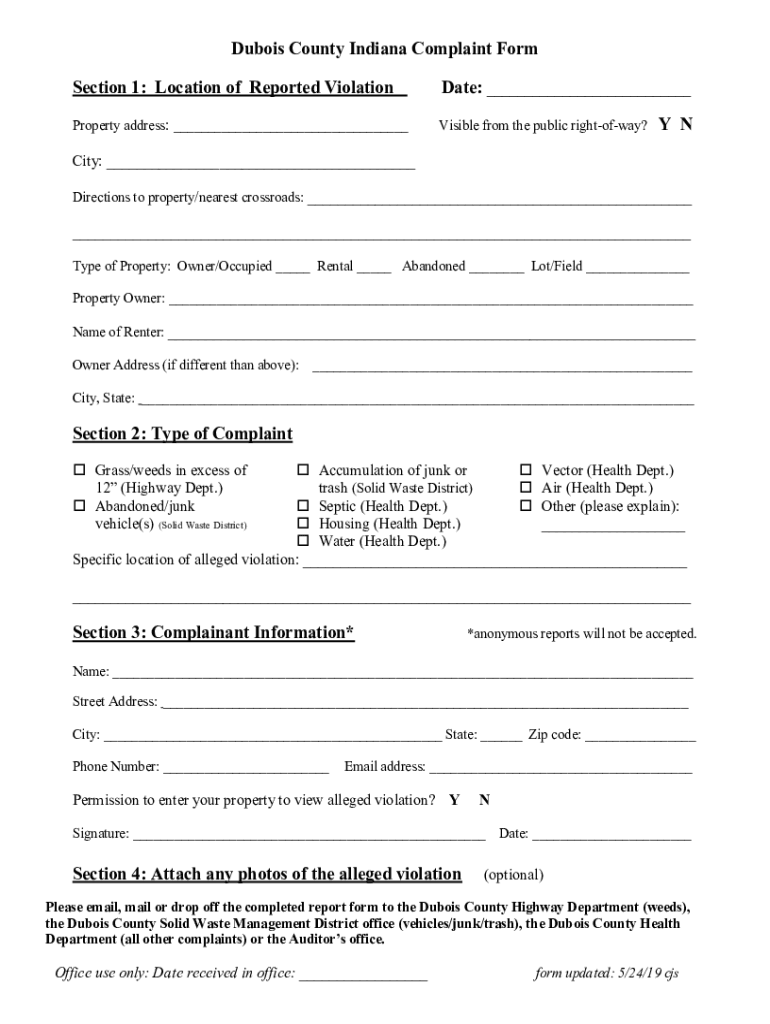 Fillable Online Dubois County Indiana Complaint Form Section 1 ...