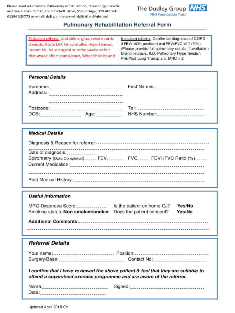 Fillable Online Pulmonary Rehabilitation Referral Form - Dudley ...