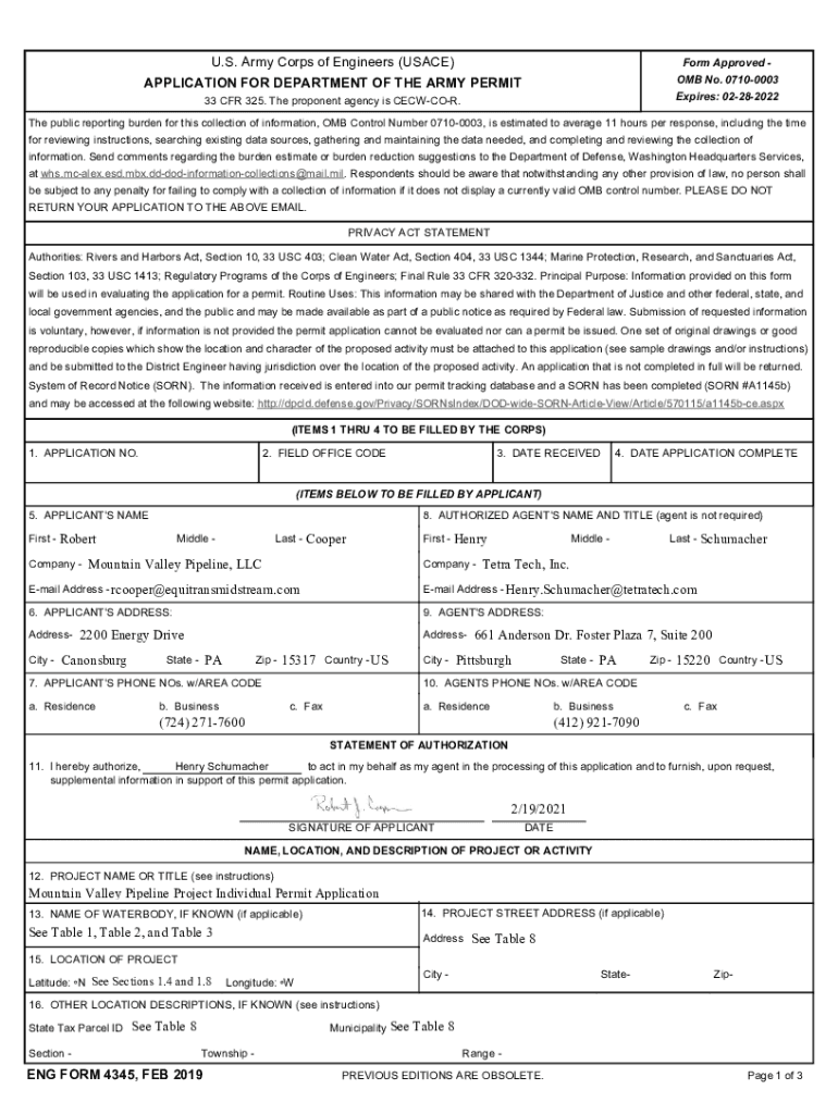 Fillable Online USACE Huntington District ENG Form 4345 Fax Email Print ...