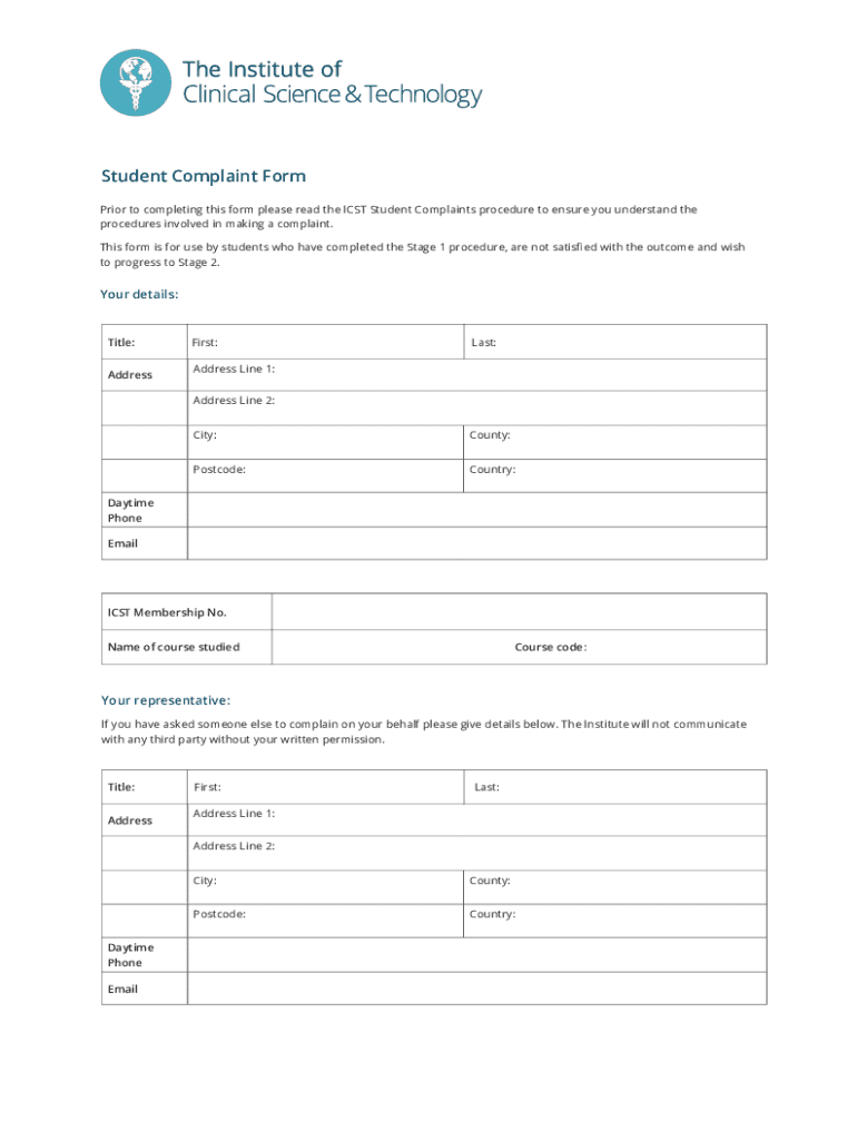 Fillable Online Student Complaint Form - Clinical Science Fax Email ...