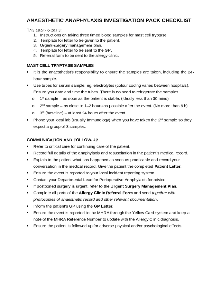 ANAESTHETIC ANAPHYLAXIS INVESTIGATION PACK CHECKLIST Doc Template ...