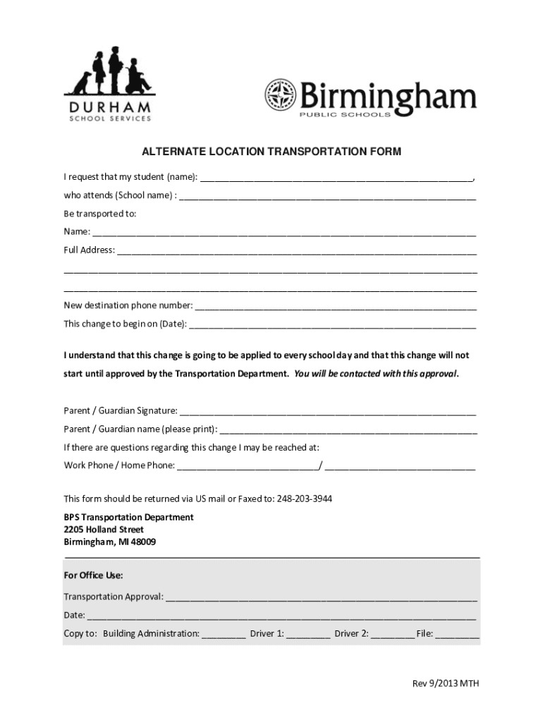 Fillable Online ALTERNATE TRANSPORTATION FORM #1 FOR STUDENTS WITH A ...