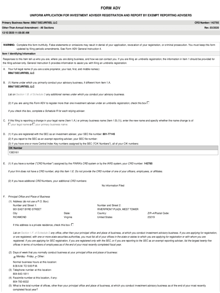 Fillable Online FORM ADV FORM ADV - SEC.gov Fax Email Print - pdfFiller