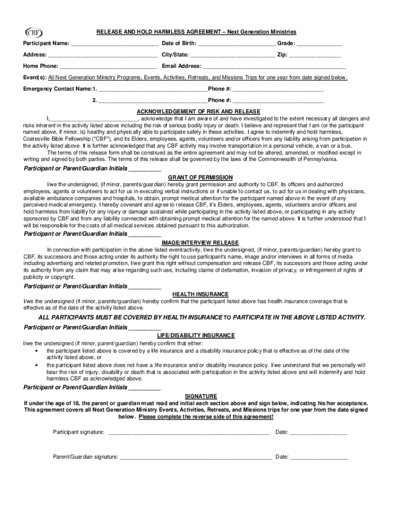 Fillable Online o b5z RELEASE AND HOLD HARMLESS AGREEMENT CBF Medical ...