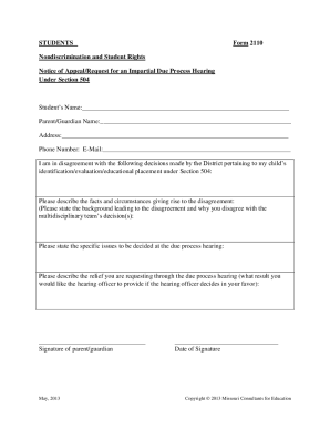 Fillable Online STUDENTS Form 2110 Nondiscrimination and Student Rights ...
