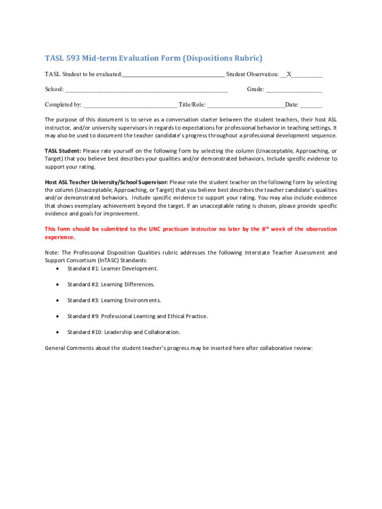 Fillable Online TASL 593 Mid-term Evaluation Form (Dispositions Rubric ...