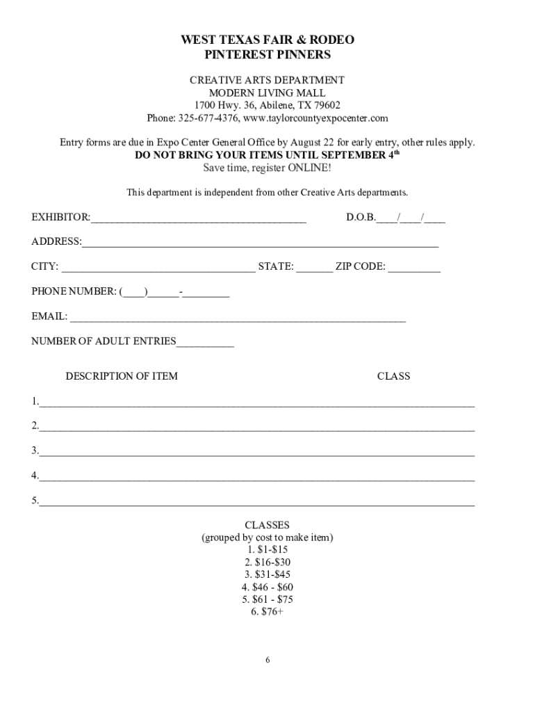 Fillable Online Creative Arts Entry Pick Up - Taylor County Expo Center ...