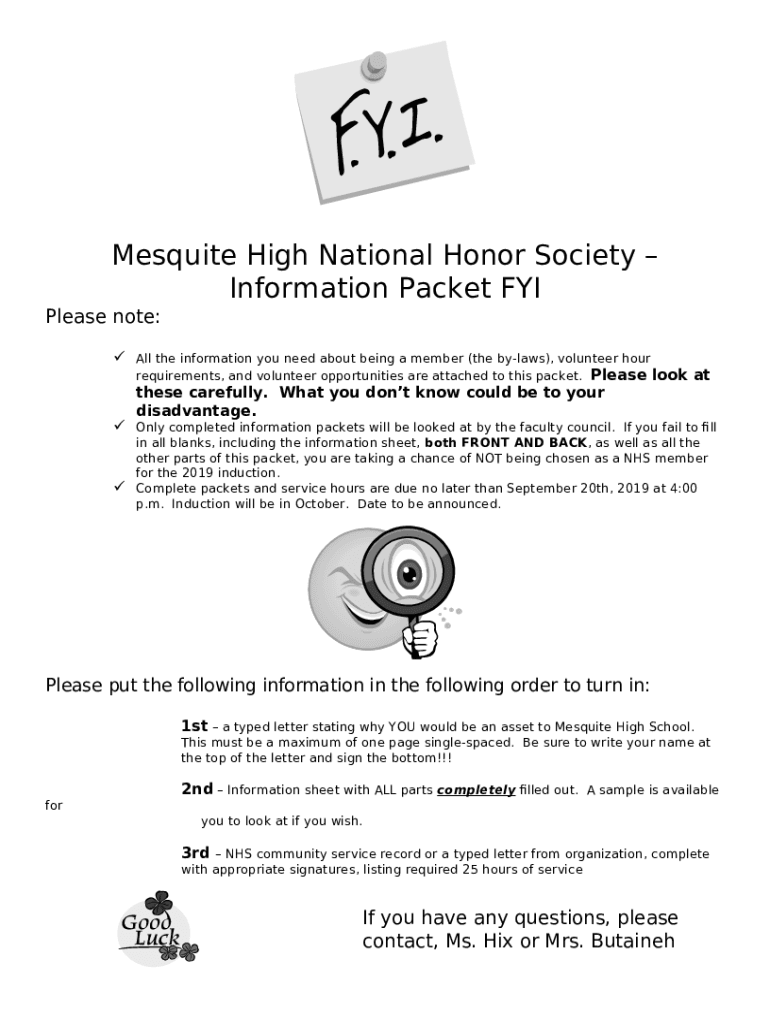Ination Sheet for MHS National Honor Society Doc Template | pdfFiller