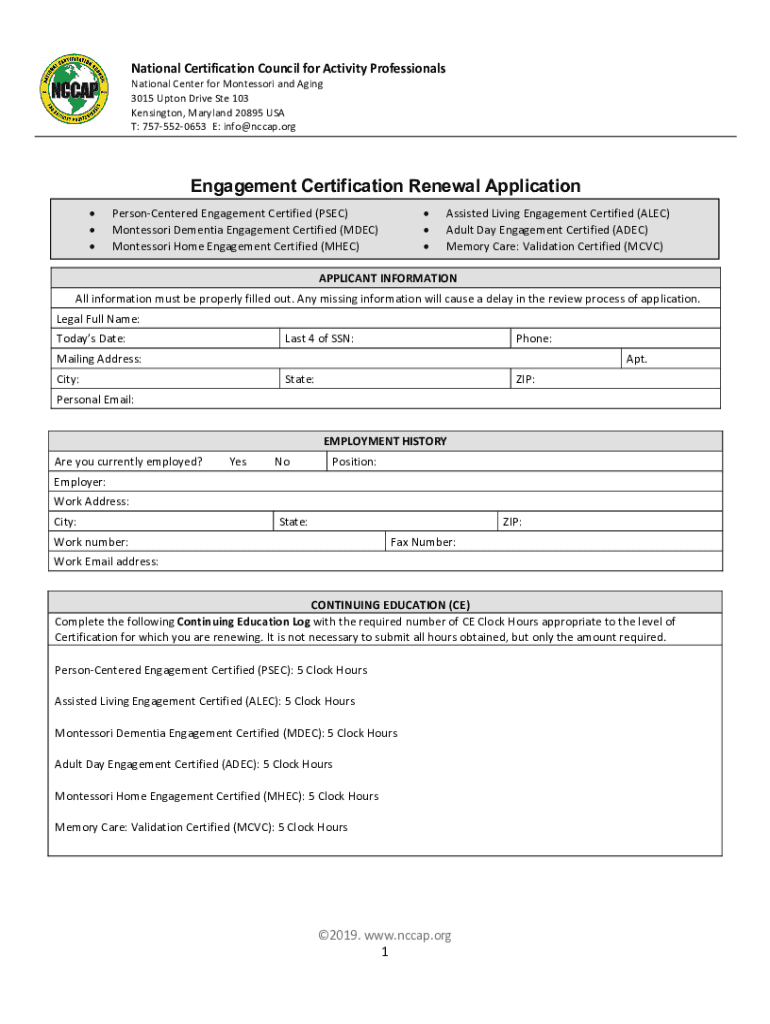 Fillable Online Engagement Certification Renewal Application Fax Email ...