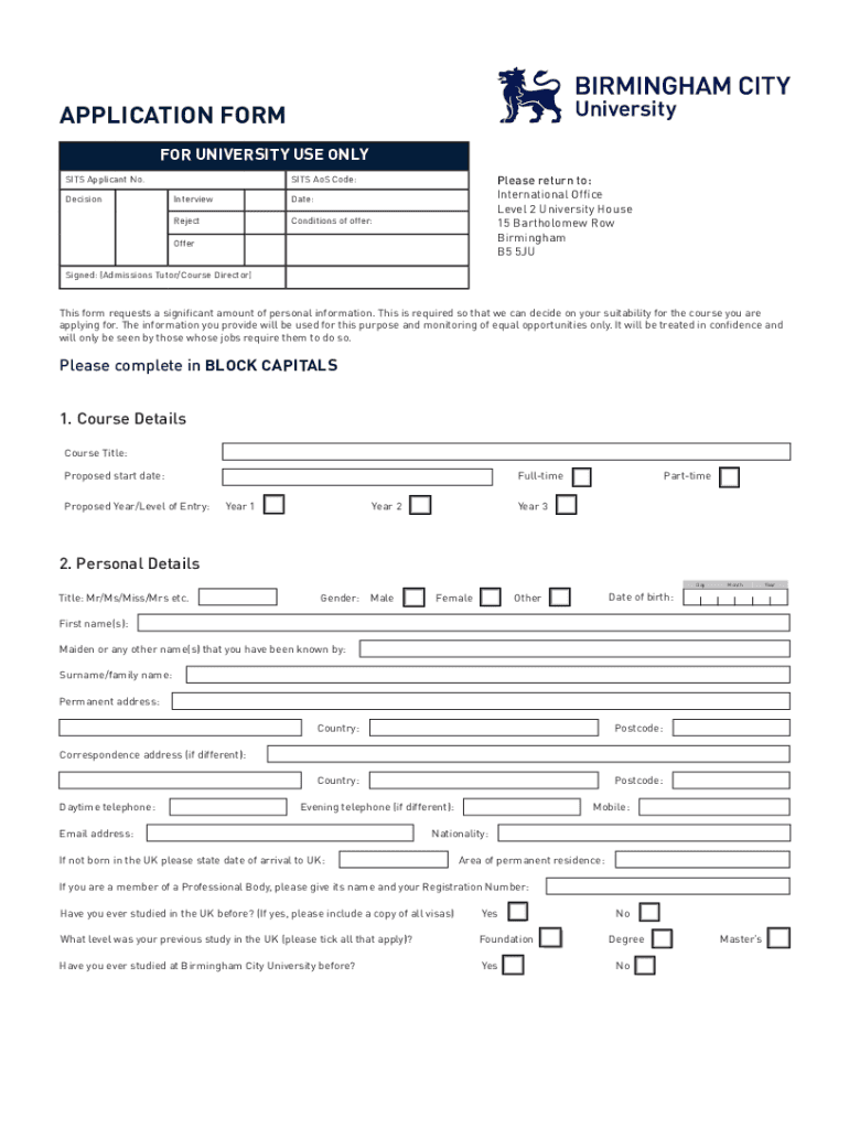 Fillable Online bcu.pdf - APPLICATION FORM FOR UNIVERSITY USE ONLY SITS ...